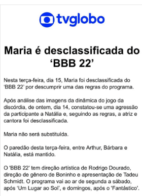 Globo oficializa expulsão de Maria. Leia nota na íntegra! - Rádio Cachoeira