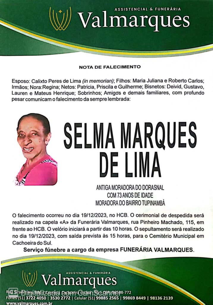 FALECIMENTO | SELMA MARQUES DE LIMA - Rádio Cachoeira